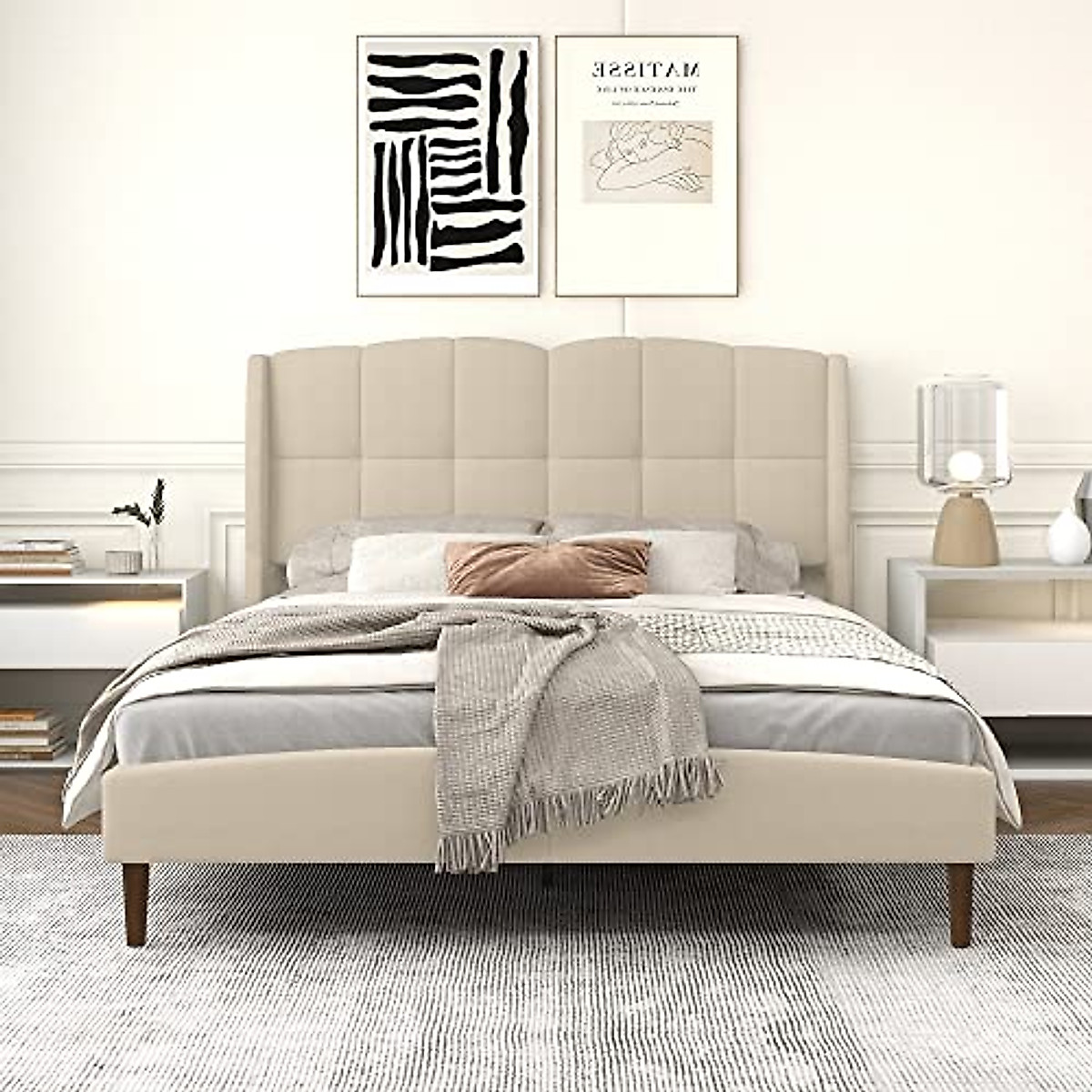 RYR Upholstered Platform Queen Size Bed Frame with Geometric Headboard,Wooden Slat Support Non-Slip Easy Assembly No Box Spring Required Beige Linen