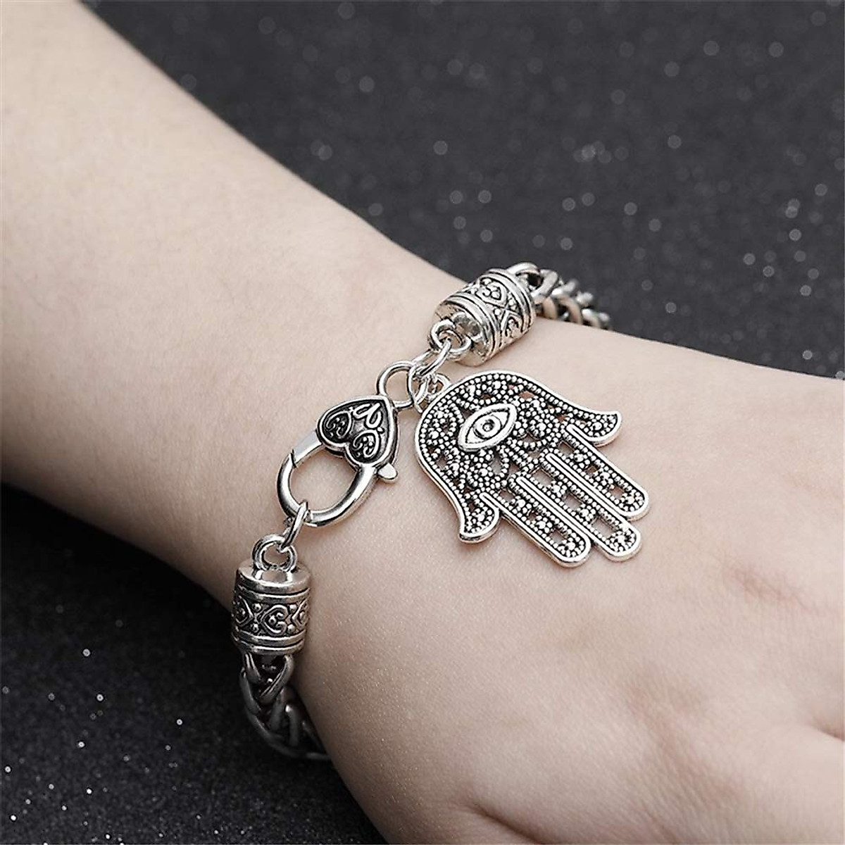 AILUOR Hamsa Hand of Fatima Silver Bracelet - Evil Eye Protection Silver Tone Alloy Charm Jewelry Lucky Success Pendant Friendship Handmade Bracelet Men Women (Silver)