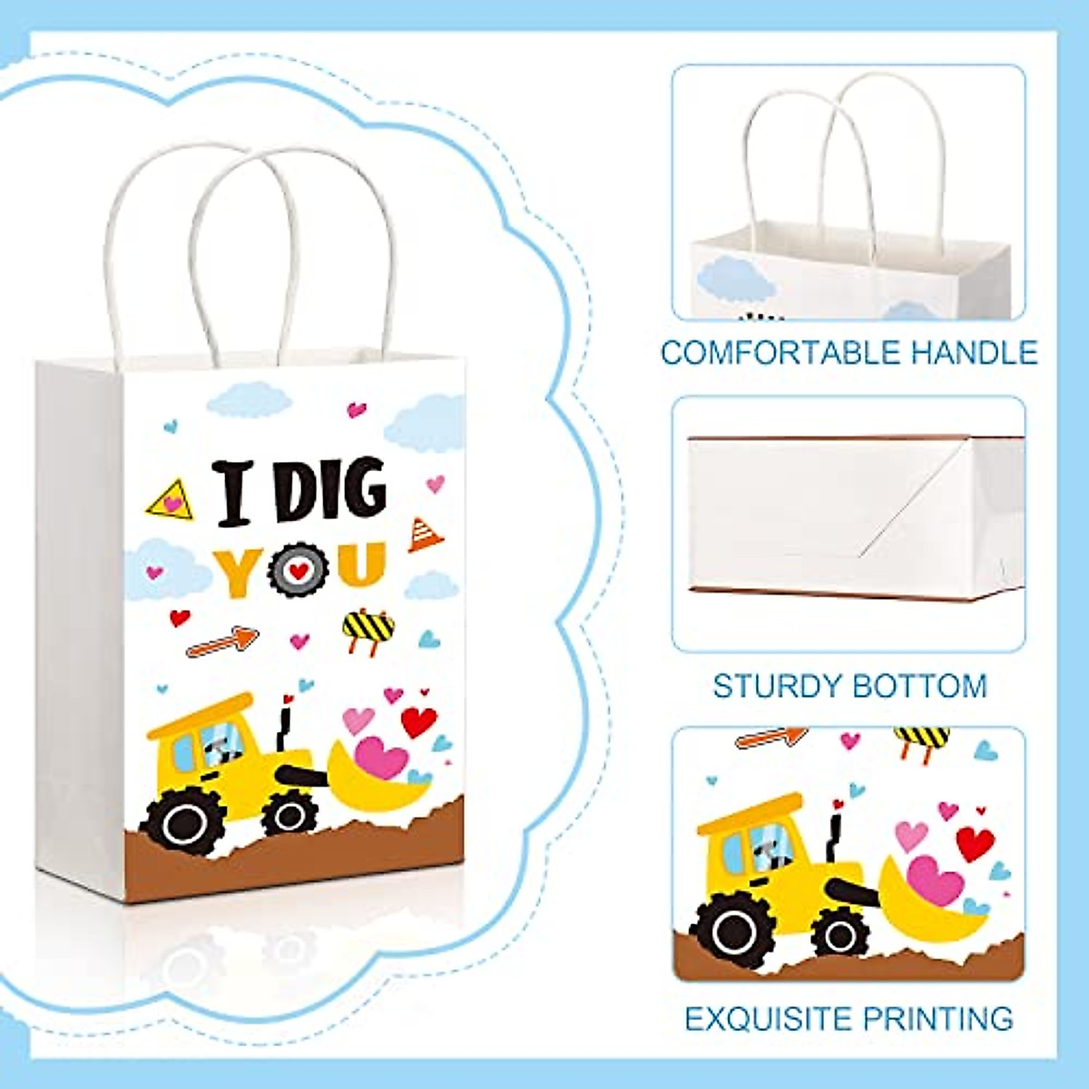 24 Pcs Valentine Treat Bags for Kids, I Dig You Construction Party Bags Valentines Day Gift Bags Construction Party Favors Truck Themed Valentines Paper Bags with Handle Construction Party Decorations