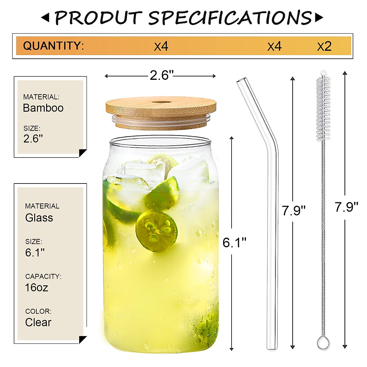 Yirilan 4pcs Glass Cups with Lids and Straws - 16 oz Glass Cups with Bamboo Lids, Iced Coffee Cup, Drinking Glasses, Clear Glass Cups- 2 Cleaning Brushes