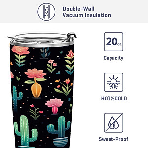 Wassud Cactus Pattern 20 oz Tumbler with Lid and Straw Stainless Steel Double Wall Vacuum Tumblers Insulated Travel Coffee Mug for Cold and Hot Drinks