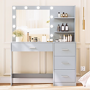 Rovaurx Makeup Vanity Table with Lighted Mirror, Makeup Vanity Desk with Storage Shelf and 4 Drawers, Bedroom Dressing Table, 10 LED Lights, Gray