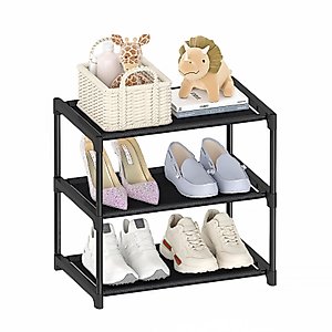 Autonomier 3 Tier Small Shoe Rack, Narrow Stackable Kids Toddler Adult Shoe Storage Organizer Shelf for Closet Floor Front Door Entrance Entryway, Free Standing Shoe Rack Organization Shelves