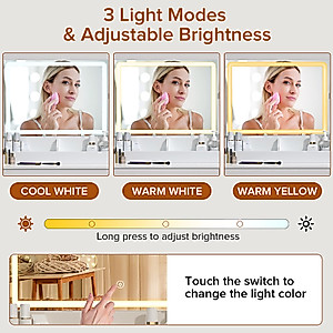 Zvivofla Vanity Desk with Mirror and Lights, Makeup Vanity Table Set with Charging Station & 5 Drawers, Bedroom Dressing Set with Chair for Girls Women, 3 Lighting Colors, White