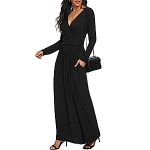 LILBETTER Womens Long Sleeve V-Neck Wrap Waist Maxi Dress(Black XX-Large)