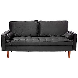 US Pride Furniture Haven Modern Velvet Sofa with Bolster Pillows, Button Tufted Seat, Track Arms and Solid Wood Legs, Couches for Living Room, Bedroom and Home Office, Black