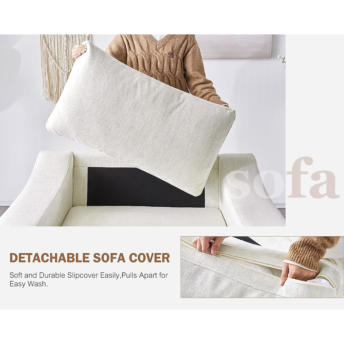 Luxury Sectional Sofa with Console, 2 Cup Holders, Upholstered Modern Linen Fabric 6-Seat Couch with Sloped Armrests & Detachable Cover, Modular Sofas Couches for Living Room, Apartment, Office, Ivory