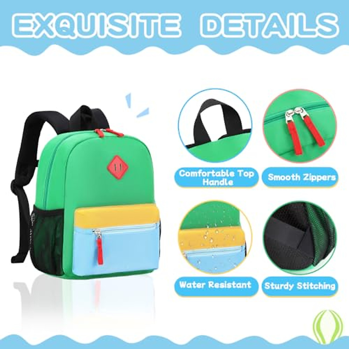 Toddler Backpack, 12'' Preschool Mini Backpack for Small Kids Boys and Girls 1-4 years old Kindergarten Small Bookbag with Chest Buckle and Reflective Strip,Green and Blue