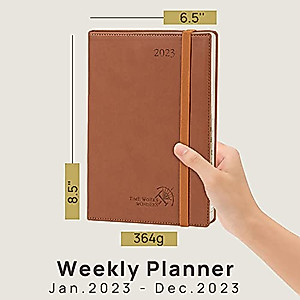 POPRUN 2023 Planner Weekly and Monthly 6.5" x 8.5" - Agenda 2023 with Hourly Time Slots, Monthly Expense & Notes, Inner Pocket, Vegan Leather Soft Cover - Brown