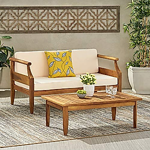 Christopher Knight Home Gallia Outdoor Loveseat Set, Teak Finish, Cream