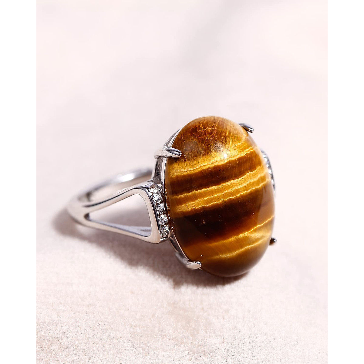 Jewever 925 Sterling Silver Rings for Women Men Genuine Tiger Eye Stone Anxiety Ring Open Adjustable Unisex Jewelry (7-10#)