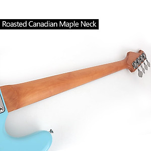 Fojill Full Size Standard Electric Bass Guitar Four 4 String Right Hand Handed Basswood Body Roasted Canadian Maple Neck Genuine Rosewood Fretboard Fingerboard with Gig Bag (Blue)