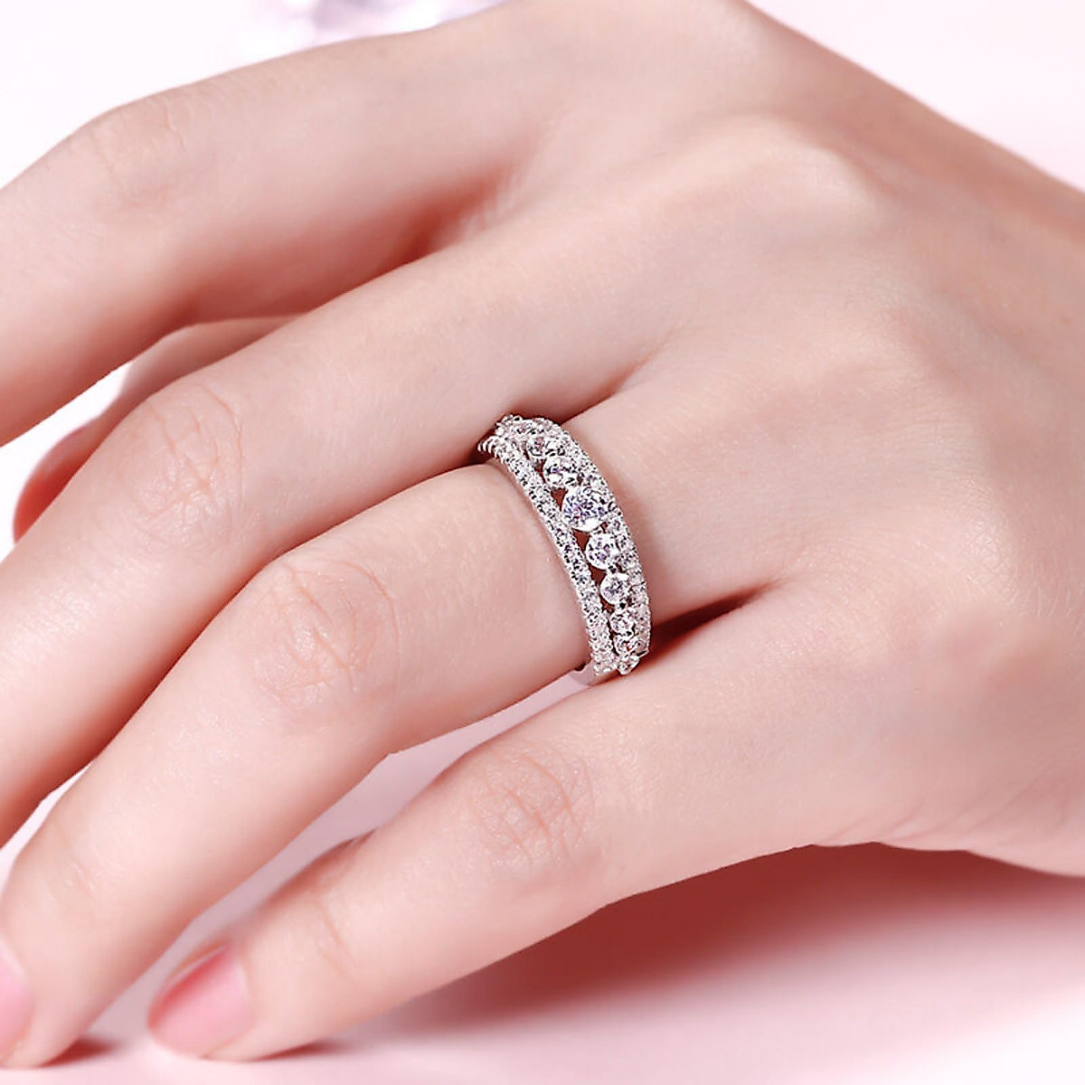 Jeulia Classic Round Cut Sterling Silver Women's Band Eternity Engagement Anniversary Wedding Band Ring for Women With Gift Box (7.5)