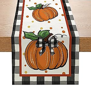 JRONGHE Fall Thanksgiving Buffalo Plaid Pumpkins Table Runner 13x72 Inches, Seasonal Fall Harvest Vintage Kitchen Dining Table Decoration for Indoor Outdoor Home Party Decor
