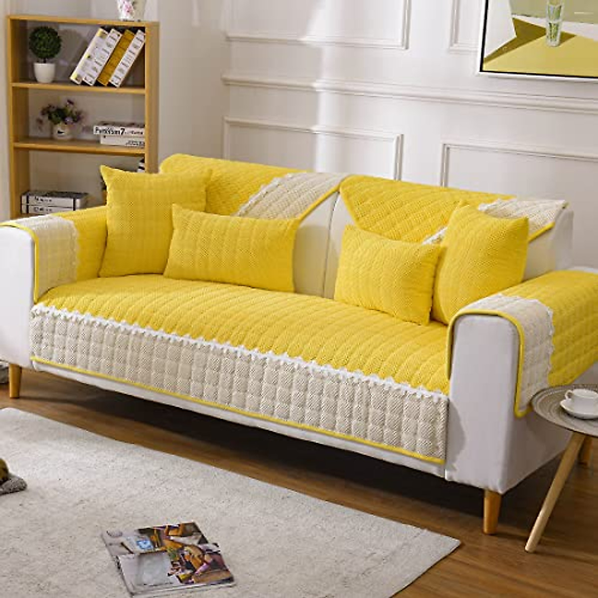 vctops Soft Corduroy Sofa Couch Cover, Plaid Sectional Couch Covers, Non-Slip Sofa Slipcover for Dogs Cats Kids(Yellow,43"x94")