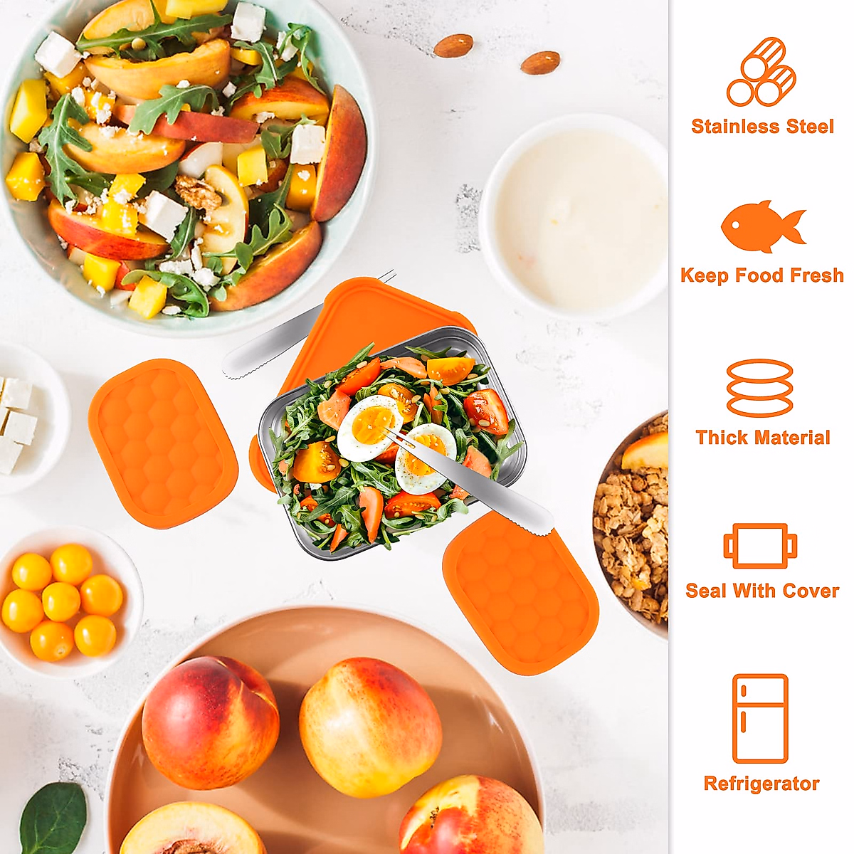 MOVNO Stainless Steel Food Containers with Lids Set of 3 (28 oz, 8 oz, 8 oz) - Metal Snack Container for Kids Adults - Premium Leakproof Bento Box Storage - Lunch Box Set with Silicone Lids