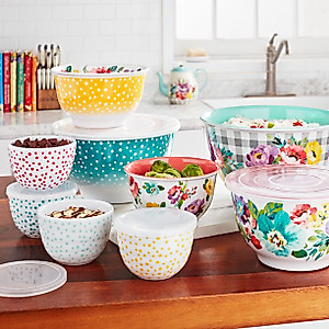 The Pioneer Woman Melamine Mixing Bowls Set with Lids 18-Pieces with 1 Spoon Rest & 1 Stainless Steel Silicone Kitchen Tongs Aqua (Total 20 Pieces) Gift for Valentine's Day, Birthdays and Mother's Day