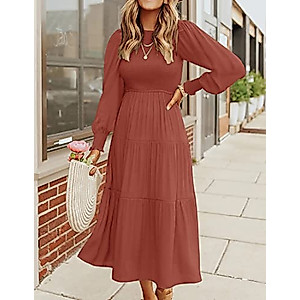 ZESICA Women's 2023 Casual Long Sleeve Crew Neck High Waist Smocked Flowy Tiered Midi Dress,Rust,Medium