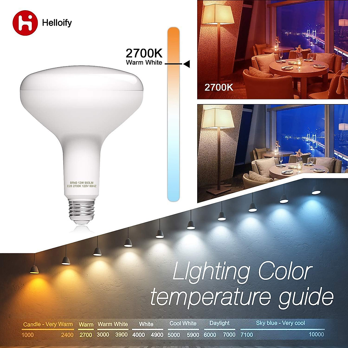 helloify Dimmable BR40 LED Flood Light Bulb 12W, 75W Equivalent, 2700K Soft White Light, Energy Saving Lamp for Office/Home, E26 Screw Base, 6PCS