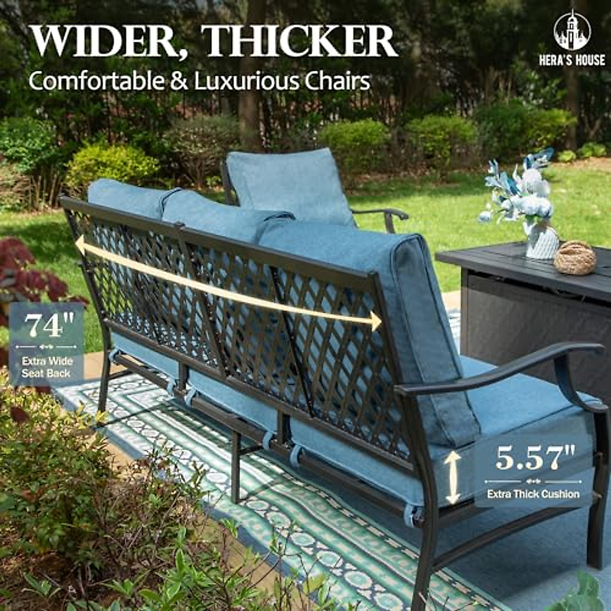 HERA'S HOUSE Patio Furniture Sofa, All-Weather Outdoor 3 Seats Couch, Outdoor Patio Couch with Deep Seating and Olefin Cushions for Lawn Garden Backyard, Navy Blue