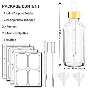 Bumobum Dropper Bottles, 4oz Clear Glass Eye Dropper Bottle for Essential Oils with Labels and Funnels, 12 Pack Tincture Bottles with Golden Top (Unbreakable Plastic Dropper with Measurements)