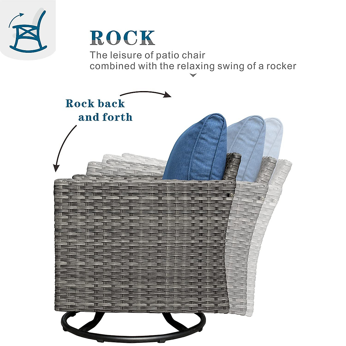 XIZZI Outdoor Furniture Patio Sectional Sofa Swivel Rocking Chairs 8 Piece All Weather PE Rattan Wicker Conversation Sets with Coffee and Side Table for Backyard Deck Garden,Denim Blue