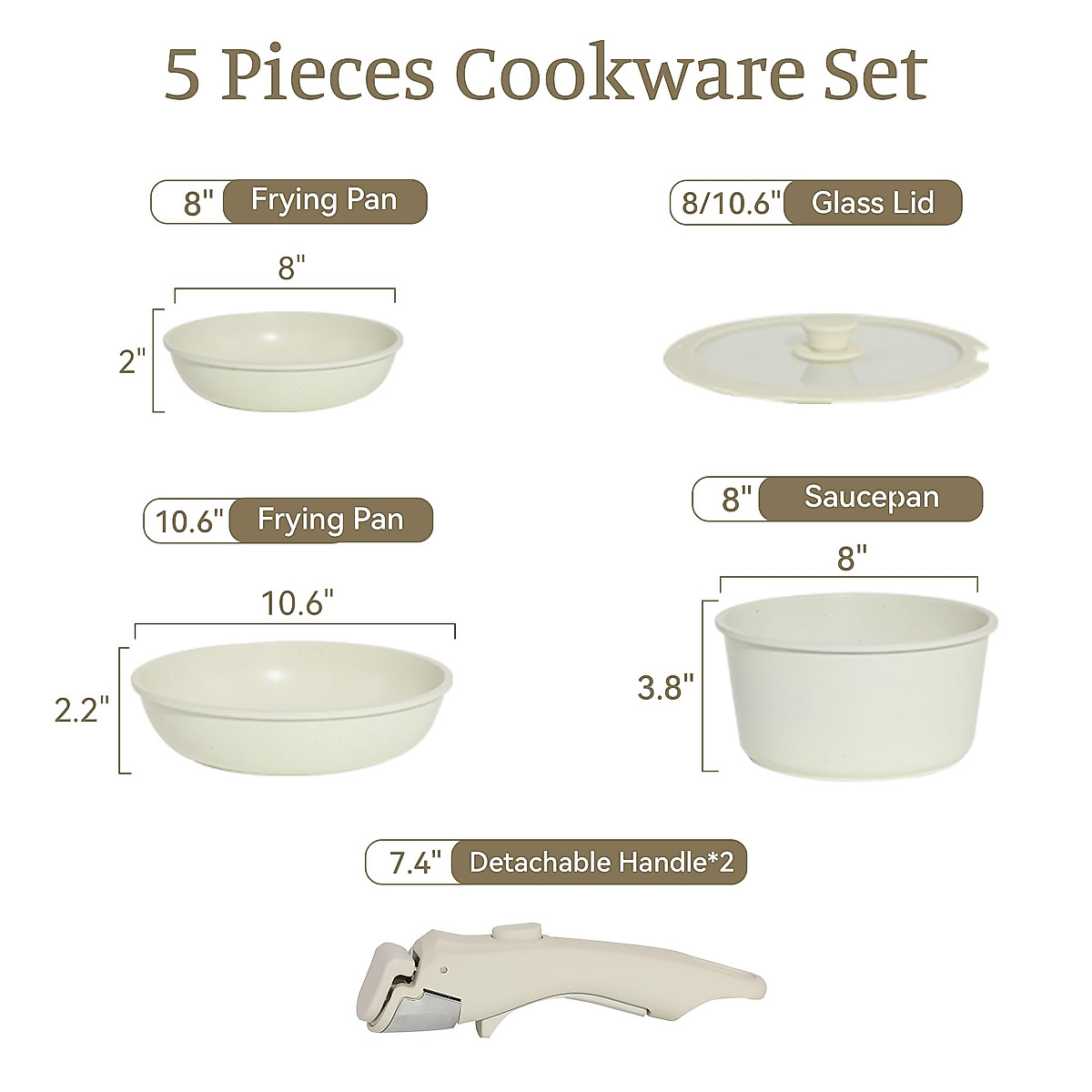 Cuisinluv 5PCS Pots and Pans Set Non Stick, Kitchen Cookware Sets with Detachable Handle, Induction Cookware Sets, Non Stick RV Cookware Cooking Set, Dishwasher ＆ Oven Safe, PFOA Free, Cream White