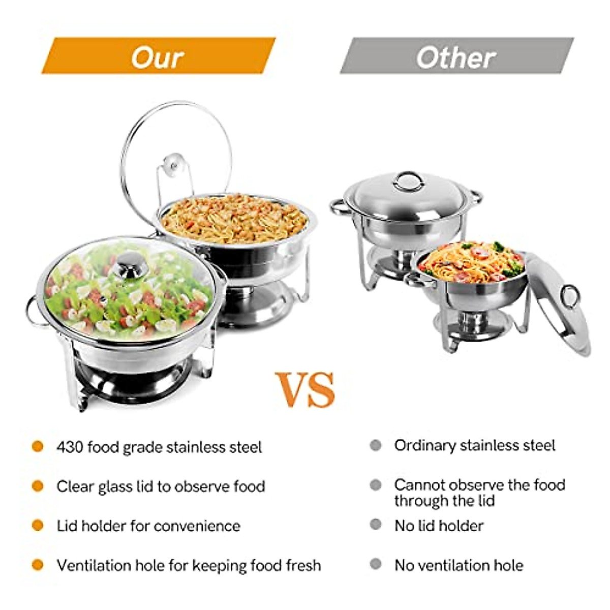 Fulgutonit 2 Packs 4 QT Round Chafing Dish, Stainless Steel Chafing Dish Buffet Set, Food Warmers For Parties Buffet with Glass Lid & Lid Holder