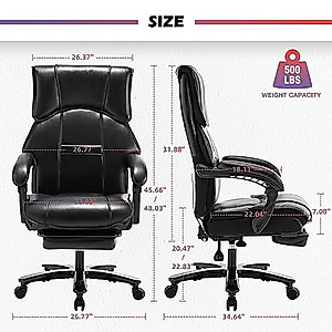 Bosmiller 500lbs Big and Tall Office Chair Wide Seat for Heavy People with Quiet Wheels Heavy Duty Metal Base High Back Larger Size PU Leather Executive Office Chair with Footrest Back Reclining