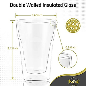 M&N HOME Double Walled Glass Cup, Double Wall Insulated Drinking Glasses, Double Wall Glass Coffee Mugs, Vaso de Vidrio de Doble Pared (Set of 2) - 13.5-Ounces