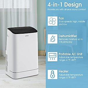 COSTWAY 15000 BTU Portable Air Conditioner, with Heat, Auto Swing 4-in-1 AC Unit for Rooms up to 800 Sq.Ft, with Built-in Dehumidifier, 24H Timer, Remote Control/APP Control & Window Kit
