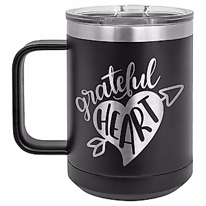 GRATEFUL HEART Black 15 oz Coffee Cup w/Slide Top Lid | Insulated Travel Coffee Mug | Unique Gift Ideas From Women or Men | Compare Price To Yeti Rambler