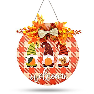 Fall Decor,Fall Decorations for Home Welcome Sign Front Door with Berry Maples Leaves Gnome Wreaths Board Hanging,Farmhouse Porch Windows for Autumn Thanksgiving Harvest Decor Indoor Outdoor Clearance