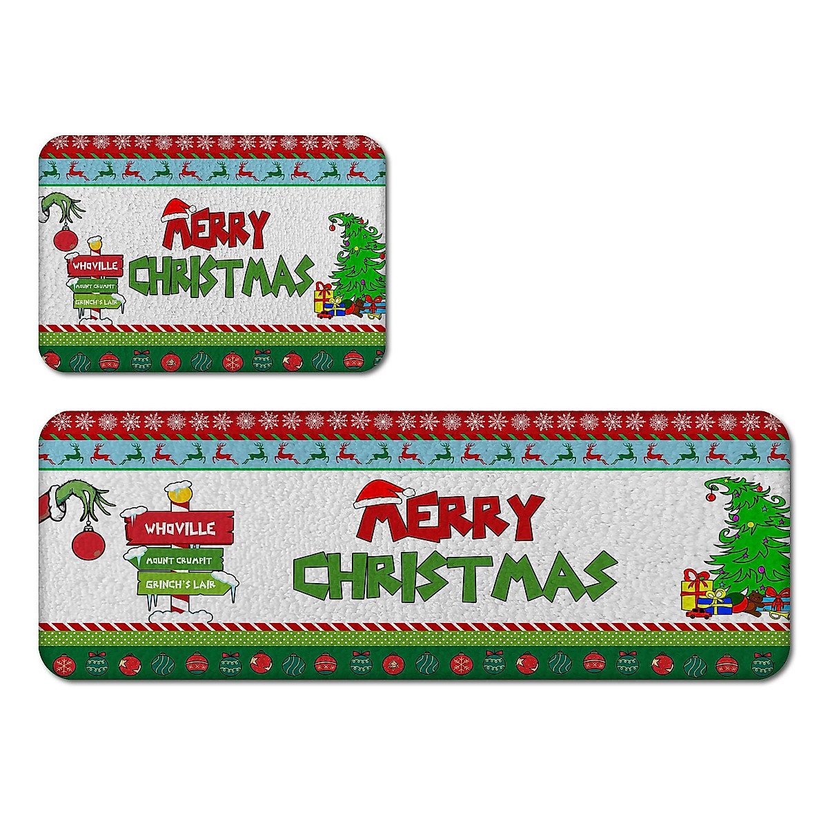 Moladika Merry Christmas Kitchen Mats Set of 2 Grinchmas Kitchen Mats for Floor Winter Xmas Tree Red and Green Cushioned Anti-Fatigue Floor Mats