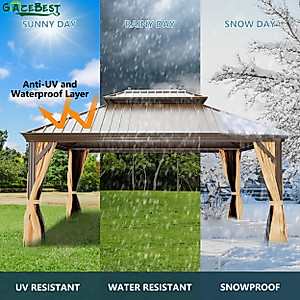 GAZEBEST 12'x16' Hardtop Gazebo Outdoor Aluminum Patio Gazebo Double Roof Galvanized Steel Gazebo Canopy with Netting and Curtains,for Garden Patio,Patio Backyard,Deck and Lawns