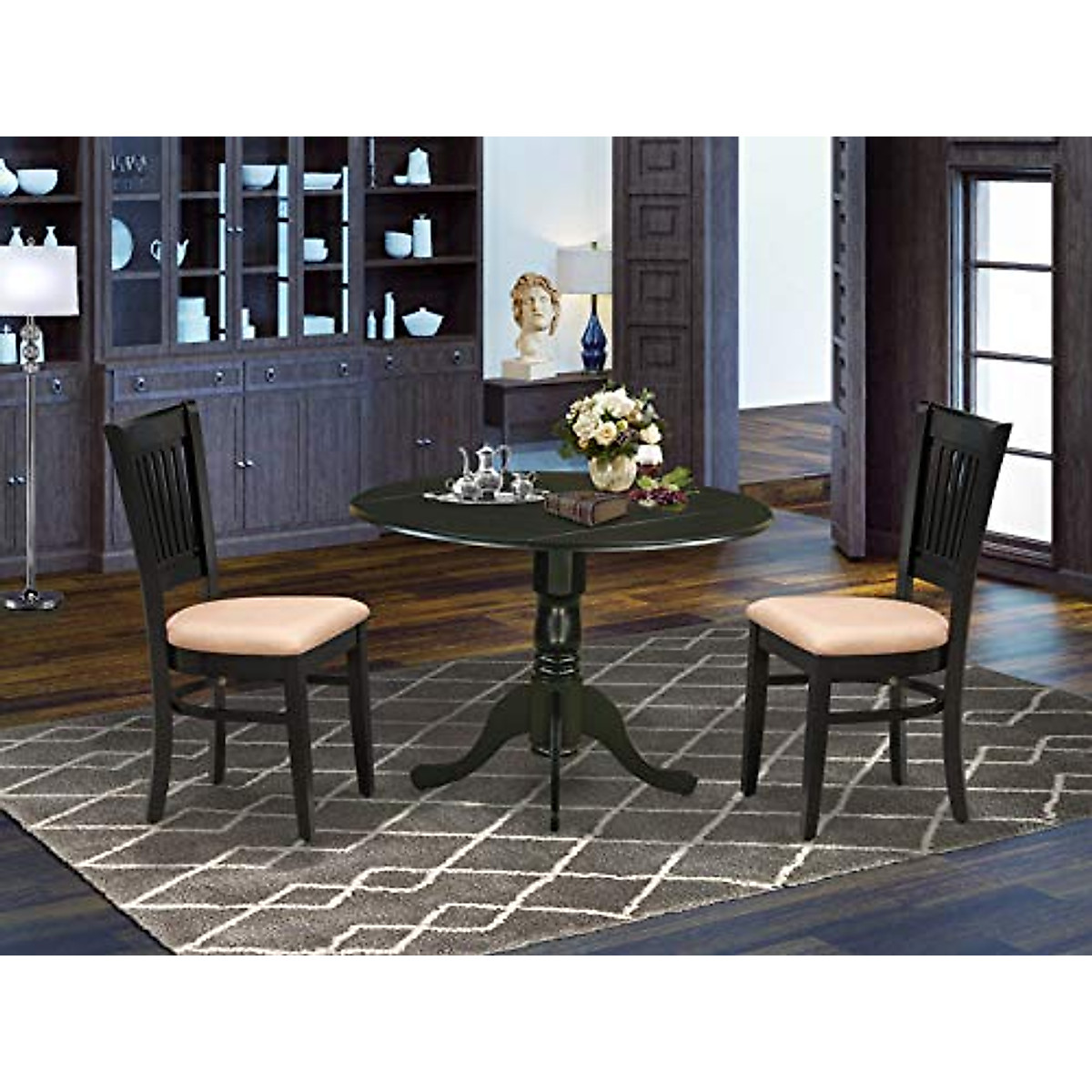 East West Furniture DLVA3-BLK-C Dublin 3 Piece Kitchen Set for Small Spaces Contains a Round Dining Room Table with Dropleaf and 2 Linen Fabric Upholstered Chairs, 42x42 Inch, Black