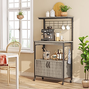 Bestier Microwave Stand with Storage Cabinet, Height-Adjustable Bakers Racks for Kitchen with Wheels & Feet, Industrial Rolling Coffee Bar Shelf with 10 S-Hooks Grey Wash