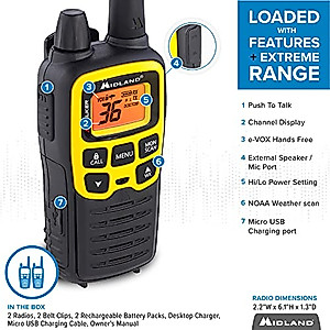 Midland X-TALKER 36 Channel FRS Two-Way Radio - Long Range Walkie Talkie, 121 Privacy Codes, & NOAA Weather Scan + Alert (Black/Yellow, 2-Pack)