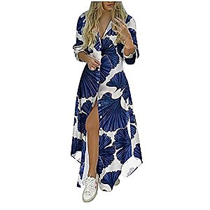1 Cotton Dresses for Women, Y2K Dress Short Summer Dresses Women 2022 Long Dresses Fashion Women's Casual Loose Sexy Sleeve Pocket Button Shirt Print Dress Ladies Shirt Printed (XXL, Navy)