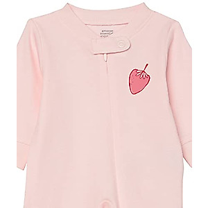 Amazon Essentials Unisex Babies' Footed Zip-Front Sleep and Play, Pack of 3, Light Pink Berry/Mint Green Stripe/Strawberries, Preemie