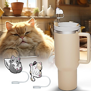 6 PCS Silicone Spill Stopper Set for Stanley Cup Straw Covers 30 oz / 40 oz Tumbler Leak Proof Drink Stoppers Silicone Straw Stopper Caps for Stanley Cup Accessories-Cat