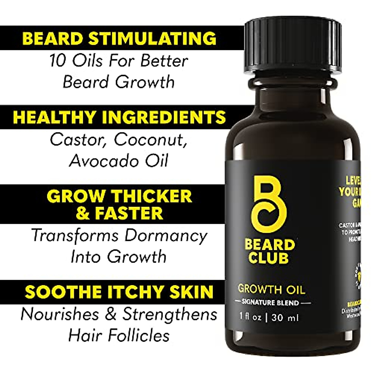 Beard Club - Beard Growth Oil - Grow A Thicker Fuller Beard, Fill in Patches - Healthy Natural Castor, Coconut and Avocado Beard Growth Serum to Stimulate Thicker, Fuller, Healthier Facial Hair Growth