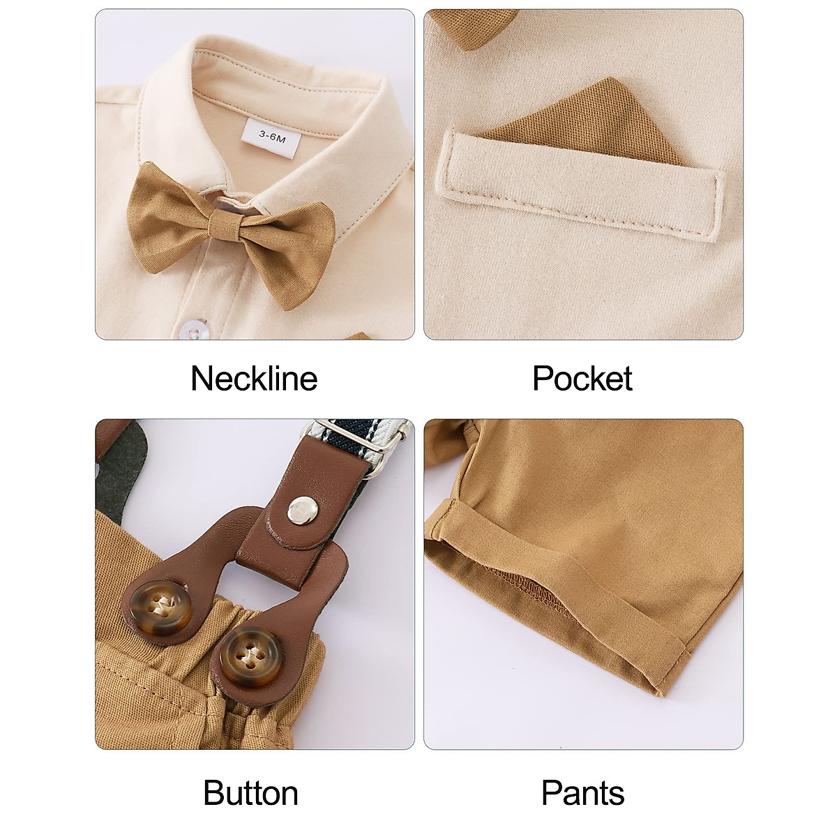 YUEMION Infant Baby Boy Clothes Gentleman Outfits Suits Summer Short Sleeve Bowtie Bodysuit Shirts + Suspender Shorts (Beige,12-18M)