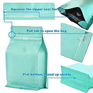 50 Count 8 Ounce Green Blue Kraft Paper Coffee Bags with Air Release Valve, High Barrier Coffee Pouches for Home, Store, Flat Bottom (50pcs/8oz, 0.5lb, 250g)