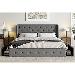 SHA CERLIN King Size Platform Bed Frame with 4 Storage Drawers and Wingback Headboard, Diamond Stitched Button Tufted Design, No Box Spring Needed, Light Grey
