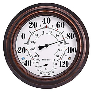 Indoor Outdoor Thermometer - Premium Steel Wall Thermometer Hygrometer for Patio, Wall or Decorative, No Battery Required Hanging Thermometer 8" Round Diameter (Bronze)