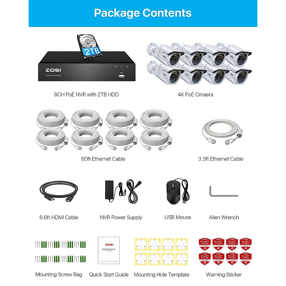 ZOSI 4K Ultra HD Security Cameras System, 8 Channel H.265+ 4K Video NVR, 8 x 4K (8MP) Ip66 Bullet Weatherproof Surveillance Cameras, Motion Alert , 100ft Night Vision, with 2TB Hard Drive