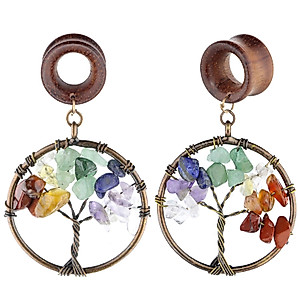00G 10mm 7 Chakra Tree of Life Wood Dangle Ear Gauges Piercing Flesh Tunnels Plugs Stretching Kit Expander