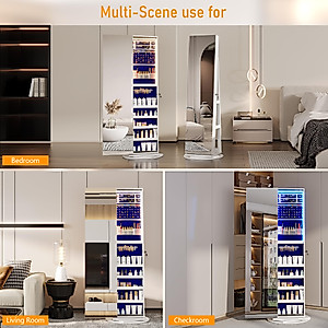 LVSOMT 360° Swivel Jewelry Mirror Cabinet with Lights, Standing Jewelry Armoire Organizer, 63" Rotatable Full-Length Mirror with Jewelry Storage, Lockable with Back Storage Shelve, White