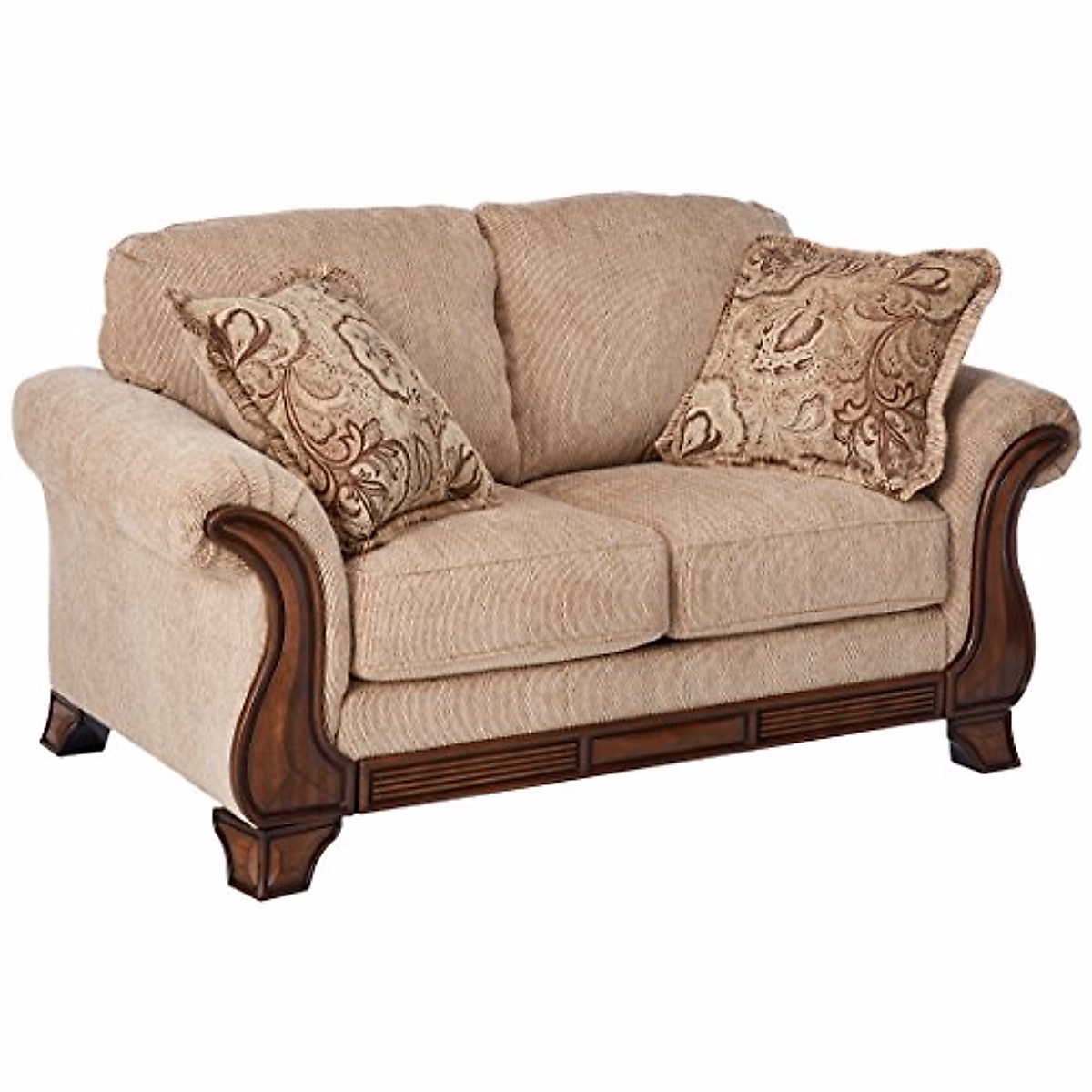 Signature Design by Ashley Lanett Traditional Faux Wood Detail Loveseat with 2 Accent Pillows, Beige